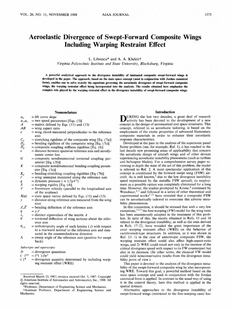 Aeroelastic Divergence of Swept-Forward Composite Wings Including Warping Restraint Effect | PDF ...