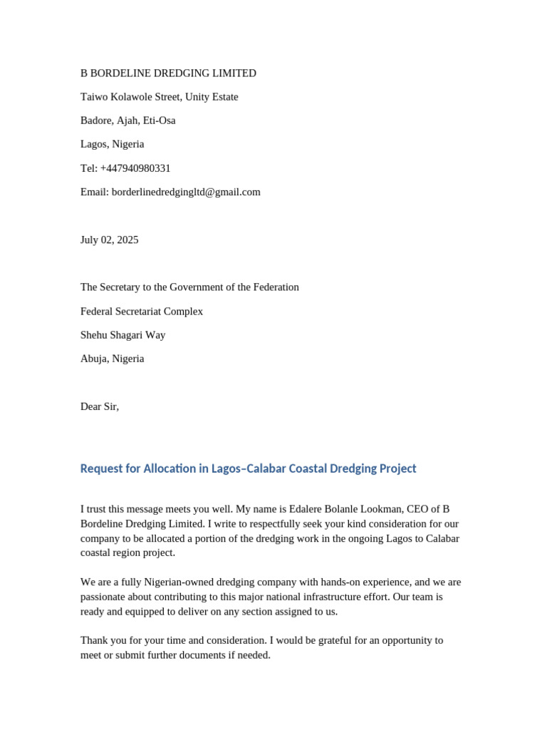Informal Dredging Request Letter Borderline | PDF