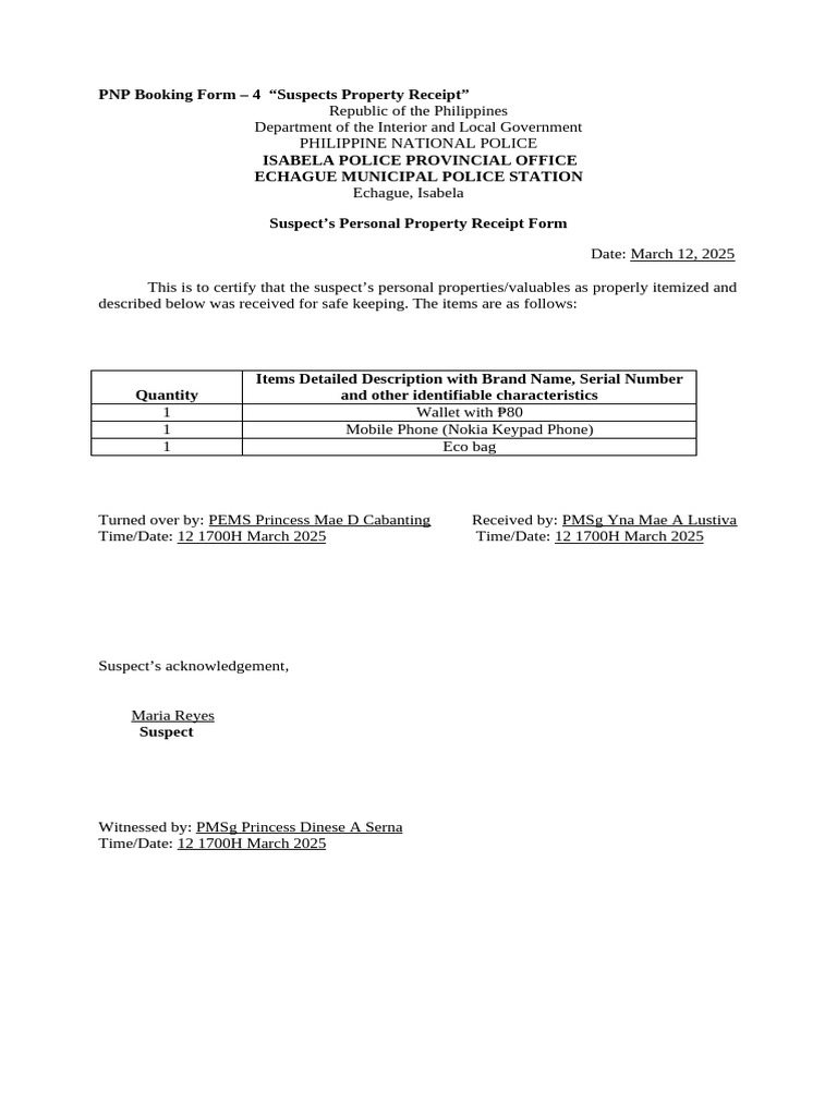 S3 Suspect Property Receipt | PDF | Philippines | Law Enforcement