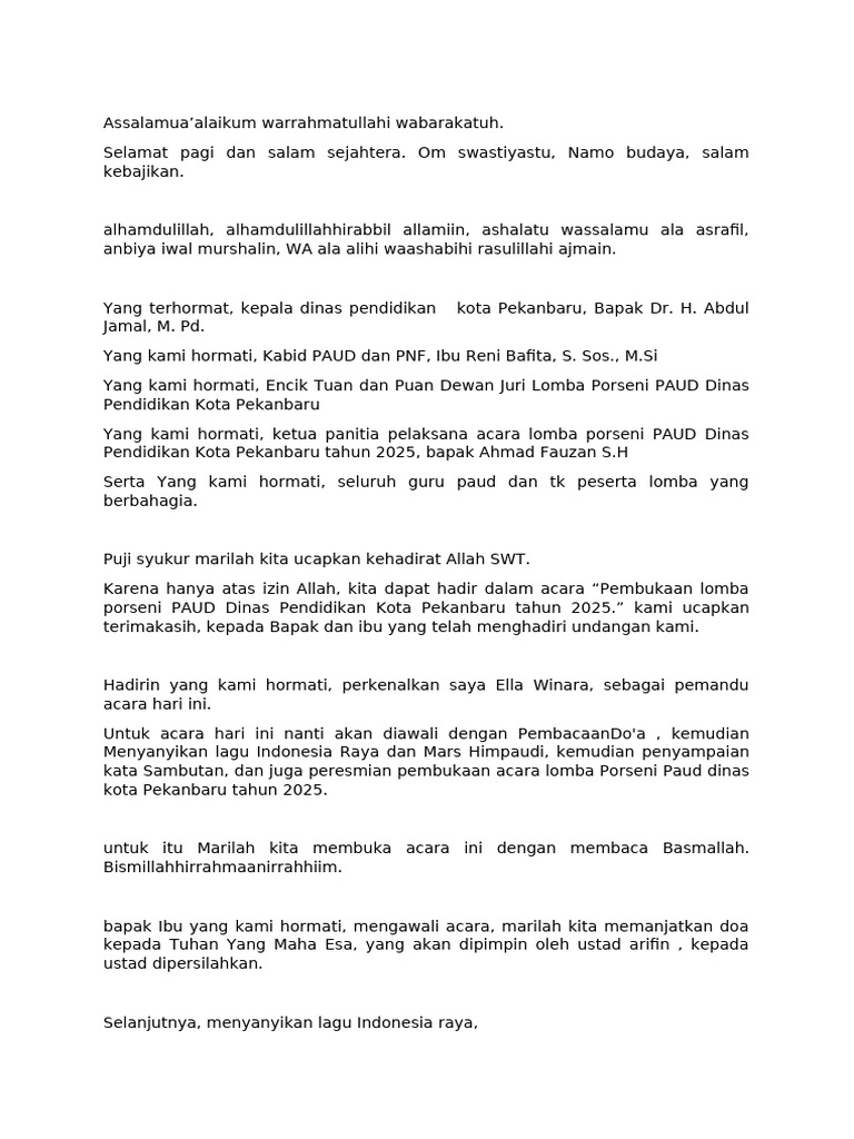 Script MC Lomba Porseni Paud | PDF