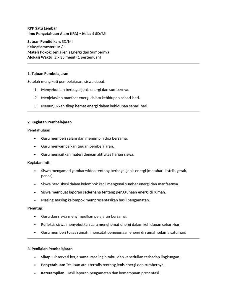 RPP 1 Lembar Mapel IPA Kelas 4 SDMI | PDF