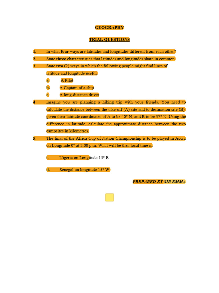 Geography - Trial Questions | PDF