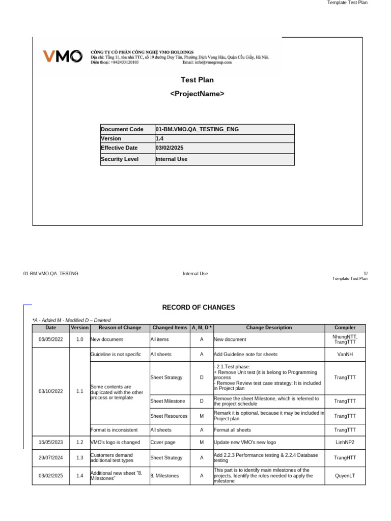 01-Bm - Vmo.qa - Testing - Eng - v1.4 - Template Test Plan | PDF ...