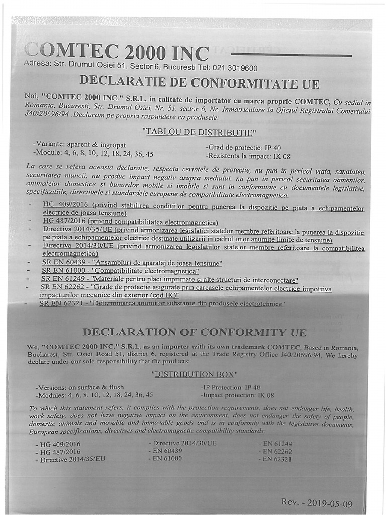 Certificat Conformitate Tablou Distributie - Janmar | PDF