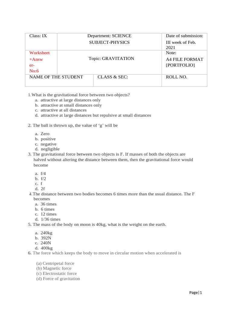 Gravitation Class Ix Work Sheet | PDF | Force | Weight