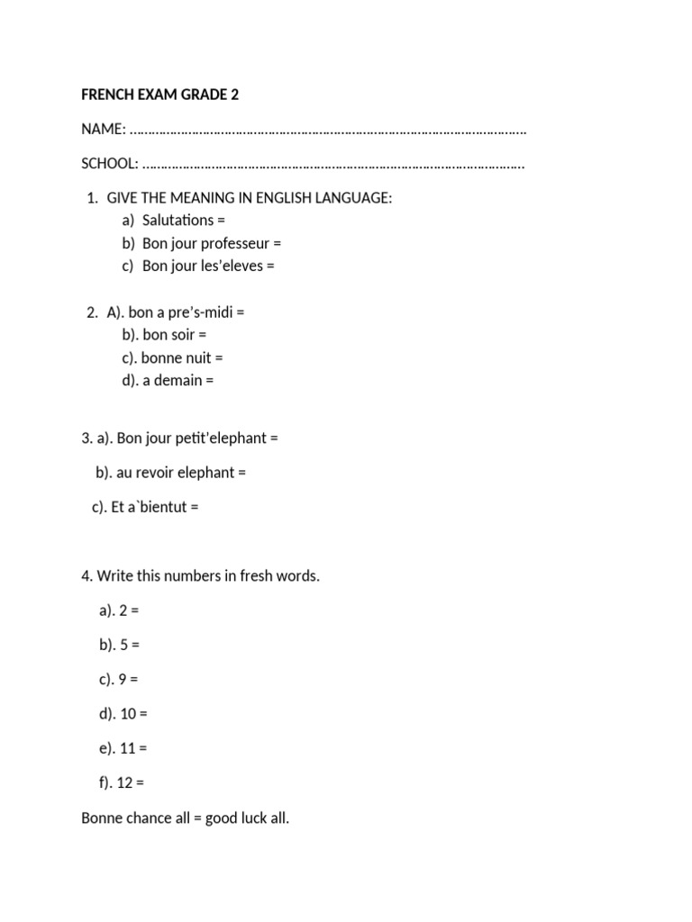 French Exam Grade 2 | PDF