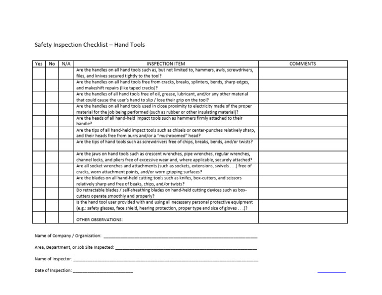 Hand Tools Safety Inspection Checklist | PDF | Tools | Manufactured Goods