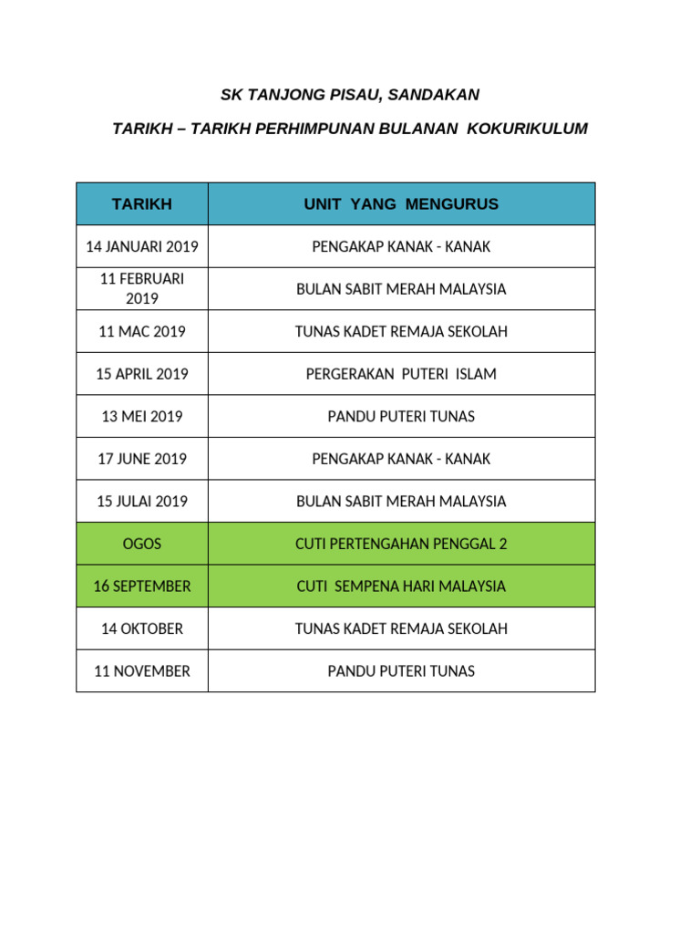 Tarikh Perhimpunan Bulanan Kokurikulum | PDF