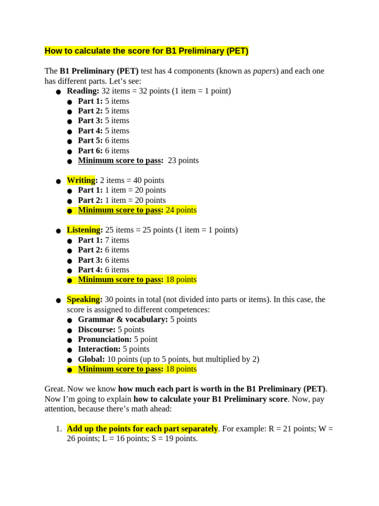 How To Calculate The Score For B1 Preliminary-1 | PDF