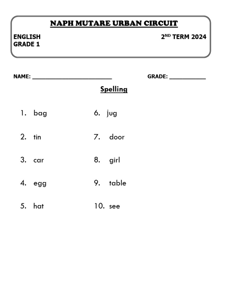 NAPH Mutare Urban Infants Question Papers 2nd Term 2024 | PDF