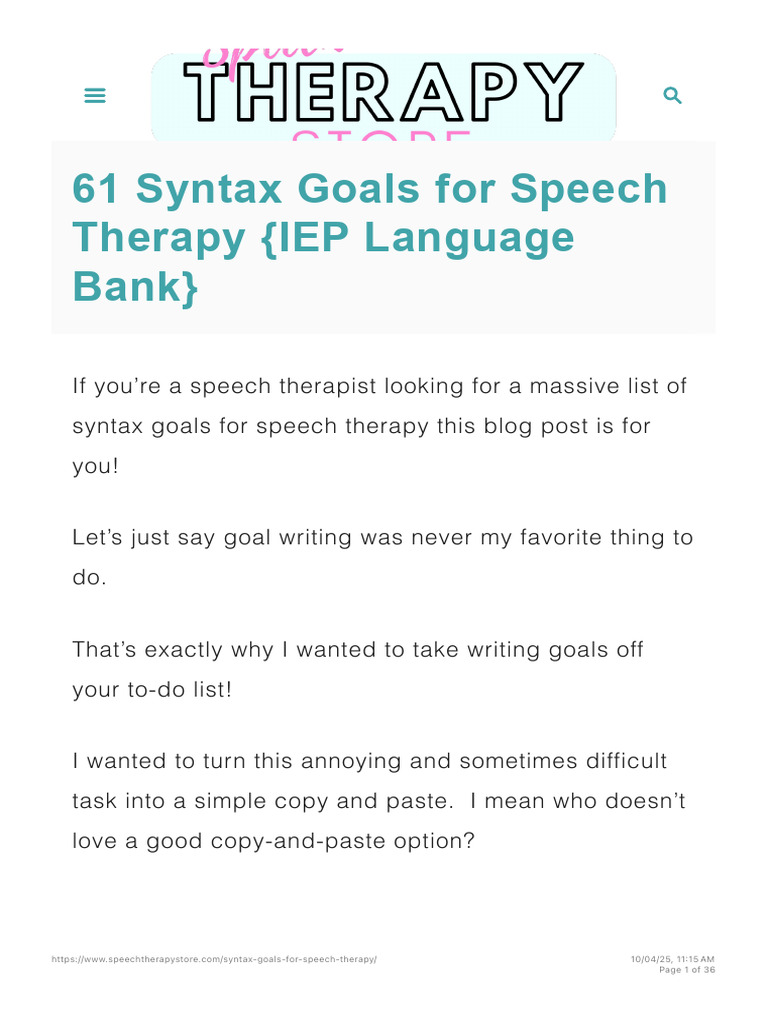 61 Syntax Goals For Speech Therapy (IEP Language Bank) - Speech Therapy ...