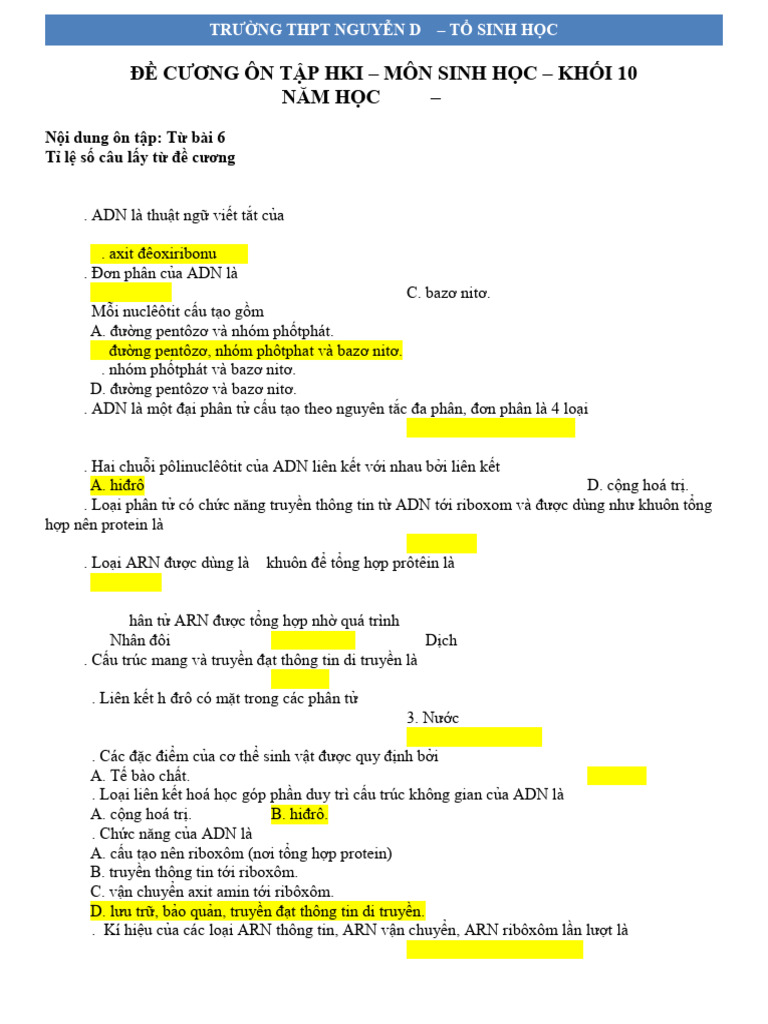 SINH 10 ĐC ÔN TẬP HKI 21 22 | PDF