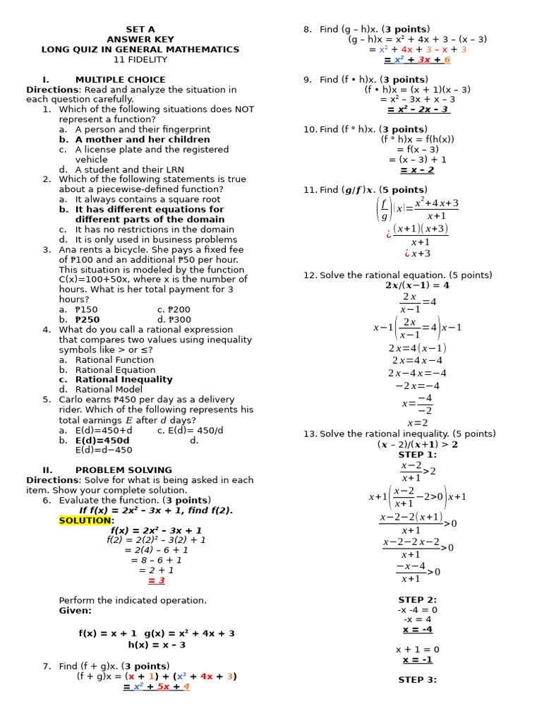 General Mathematics Long Quiz Answer Key | PDF | Function (Mathematics ...