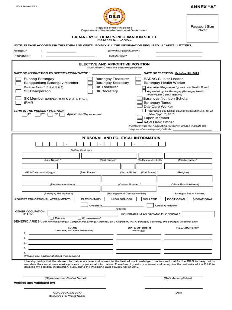 11.08.23 Annex A BOIS Form Revised 2023 | PDF