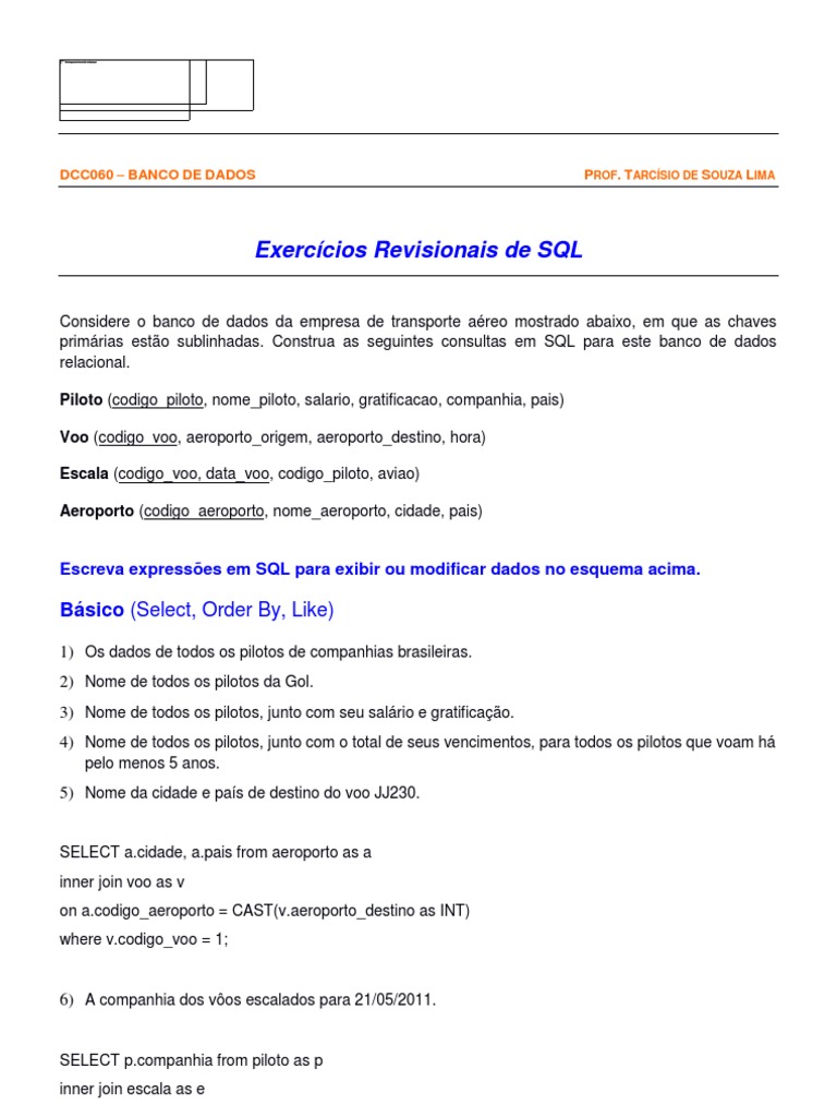 Exercicios Revisionais SQL | PDF | SQL | Aeroporto