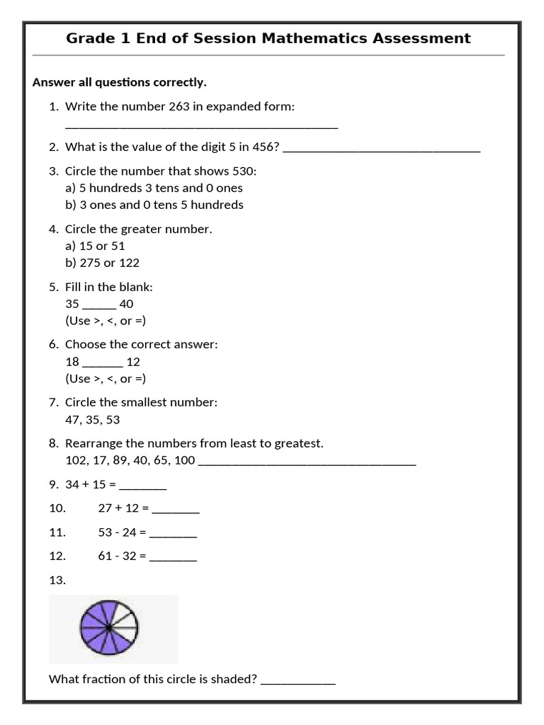 Grade 1 End of Session Mathematics Assessment | PDF