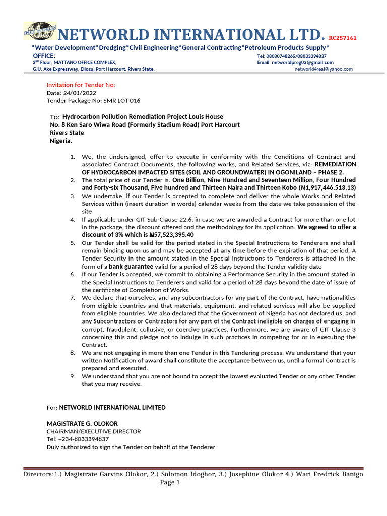 Networld HYPREP Lot 16 W-1 Tender Submission Sheet. 2docx | PDF