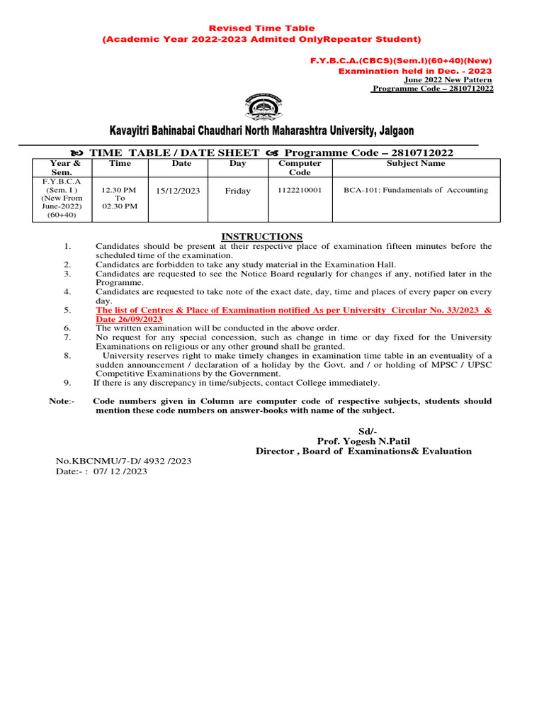 Revised Time Table of FYBCA (Sem-I) (60-40 New) June 2022 Pattern Exam To Be Held in Dec.2023 ...