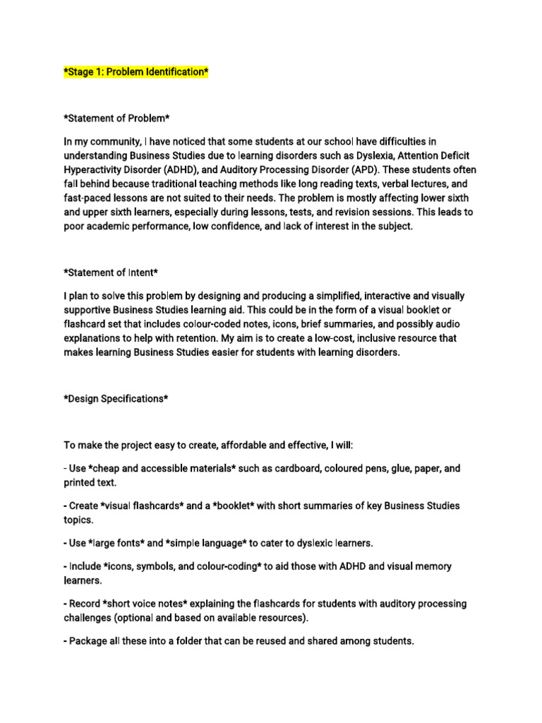 (RealBusiness Studies) Projects2 | PDF | Learning | Dyslexia