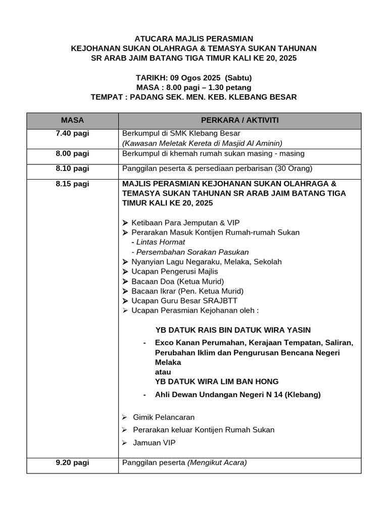 Tentatif Majlis Perasmian Penutup Temasya Sukan Ke 20 - 2025 | PDF