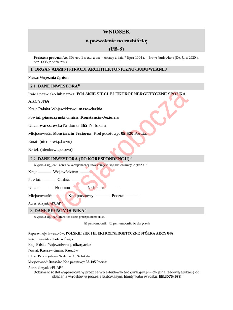 Wniosek o Pozwolenie Na Rozbiorke PB 3 Z Dnia 2025-07-08 | PDF