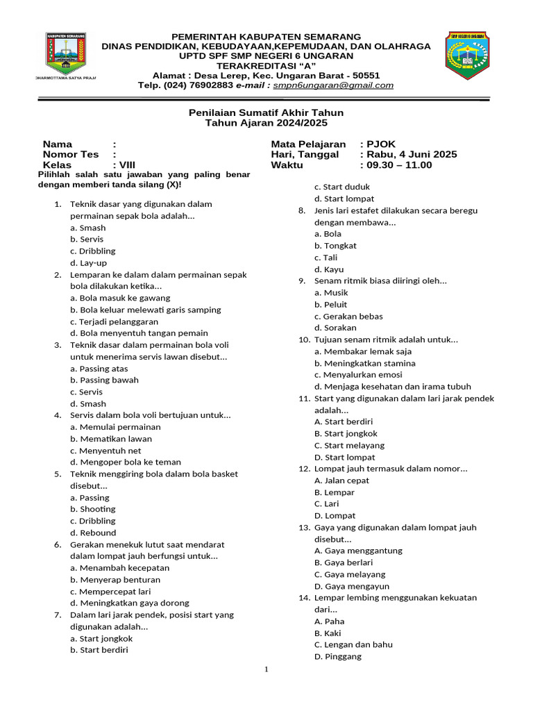 Soal Psat Pjok Kls 8 2025-2026 | PDF