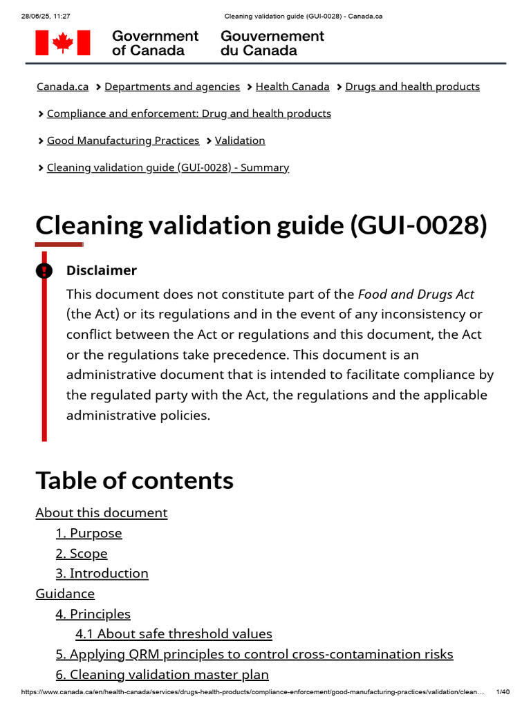 Cleaning Validation Guide (GUI-0028) - Canada - BIologics Products ...
