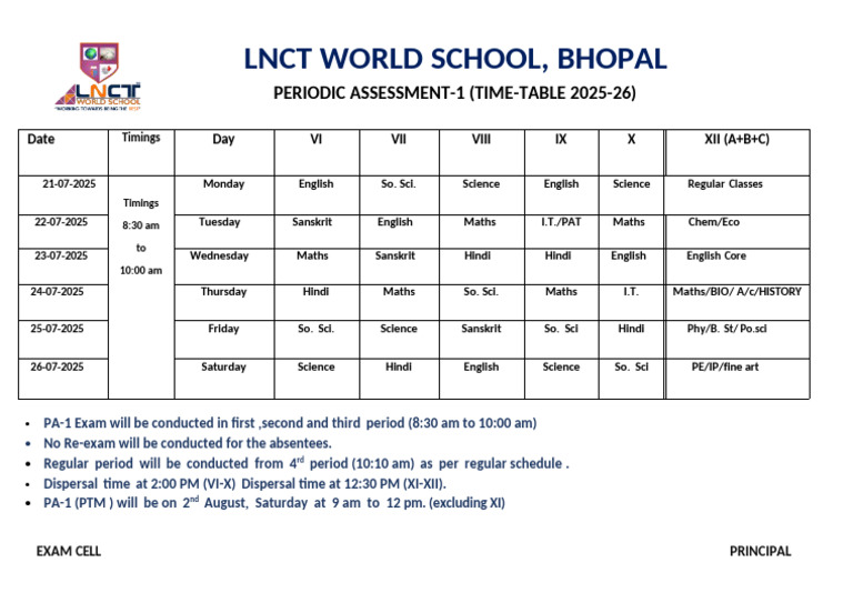 Pa-1 (Vi-Xii) Time Table 2025-26 | PDF