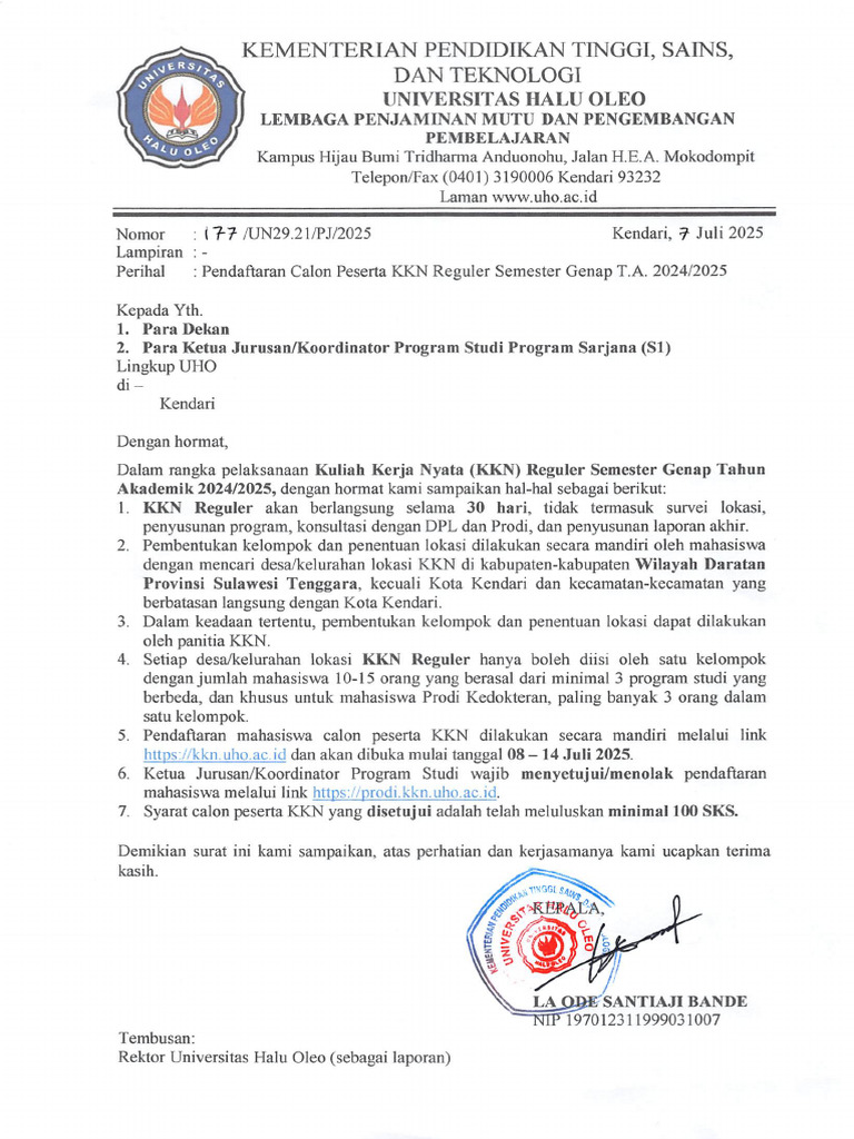 Surat Pendaftaran KKN Reguler Batch II 2025 | PDF