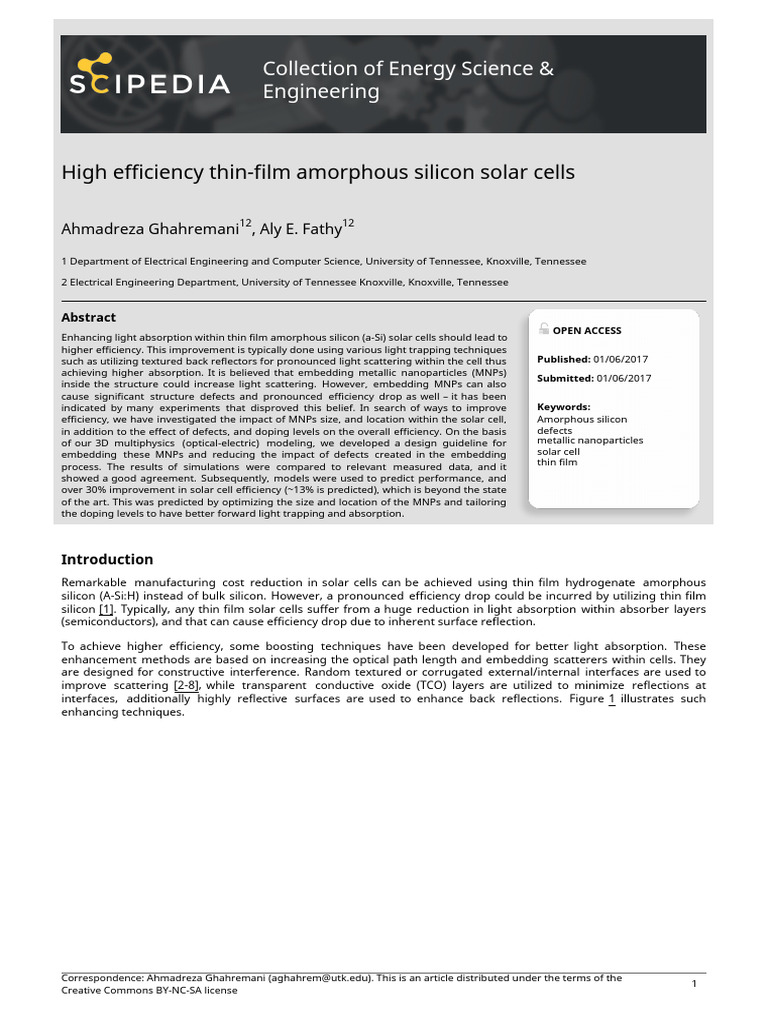 High Efficiency Thin-Film Amorphous Silicon Solar Cells - 12022024 | PDF