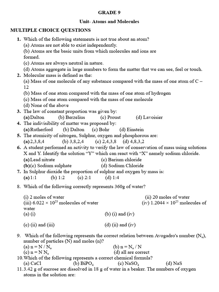 Grade 9 Atoms and Molecules Quiz | PDF | Mole (Unit) | Atoms