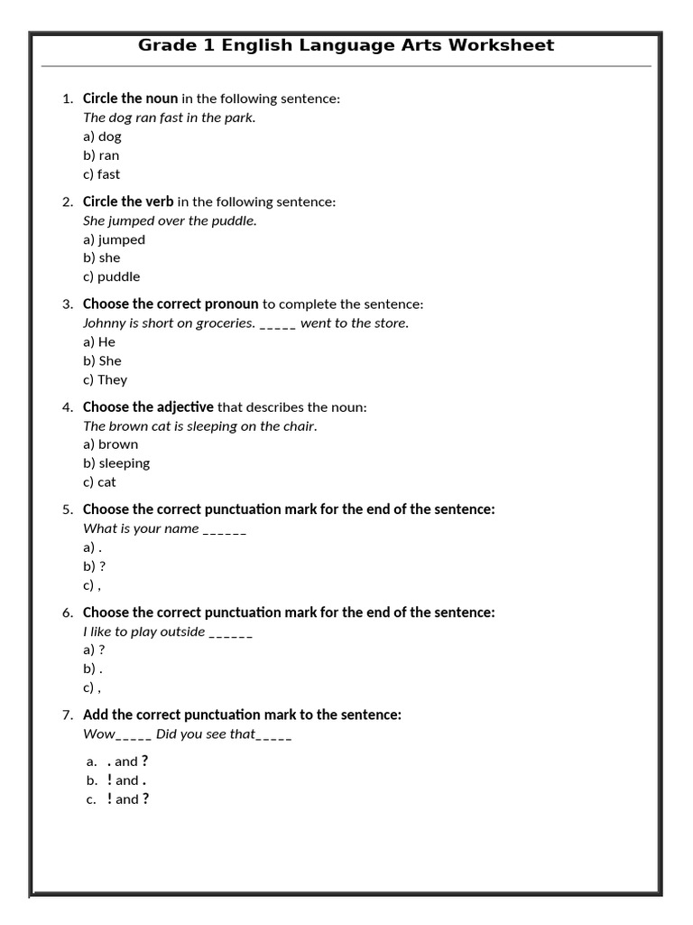 Grade 1 English Language Arts Worksheet | PDF | English Language ...