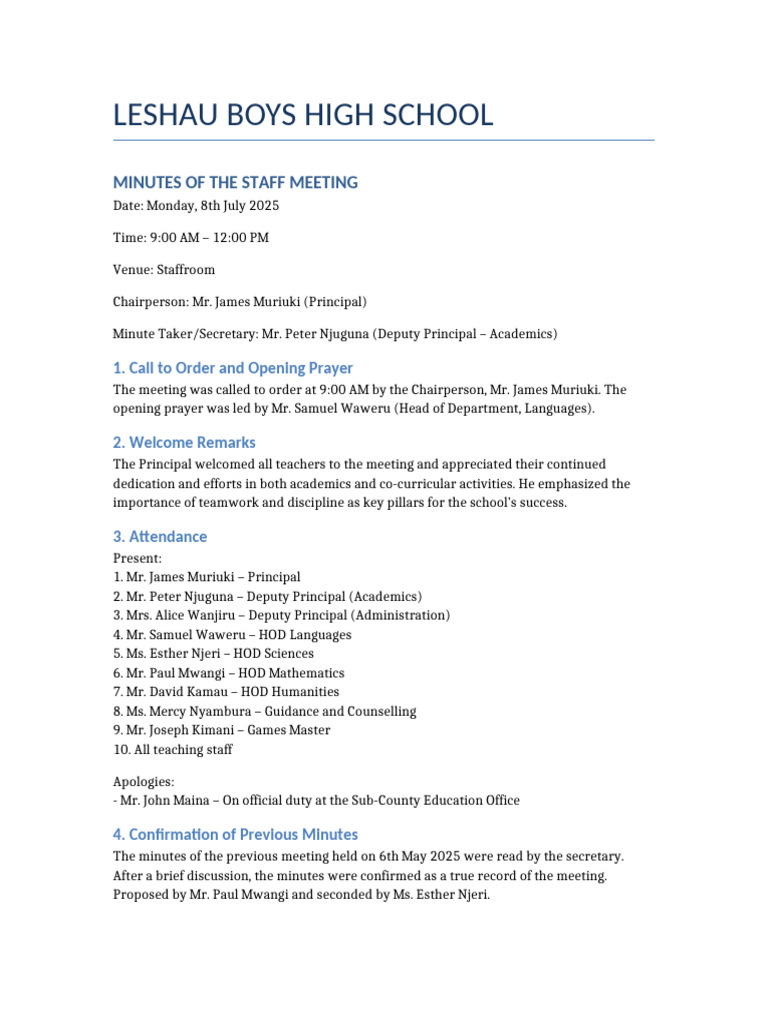 Leshau Boys High School Staff Meeting Minutes | PDF