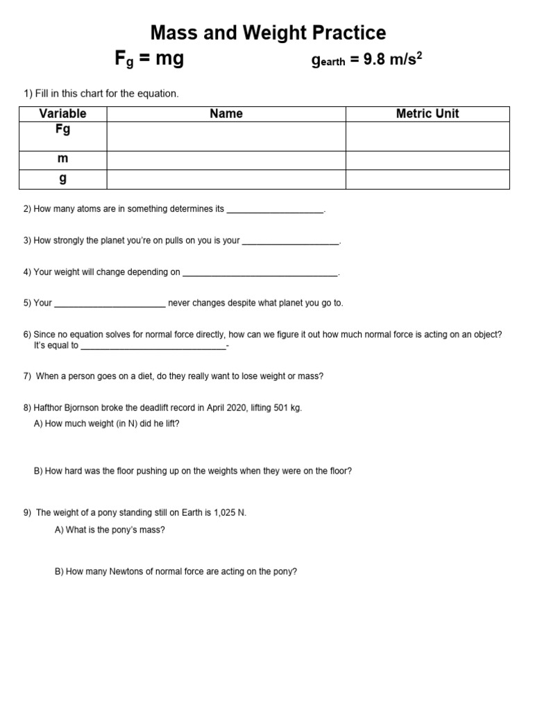 A-Mass and Weight Worksheet_DL | PDF | Weight | Planets