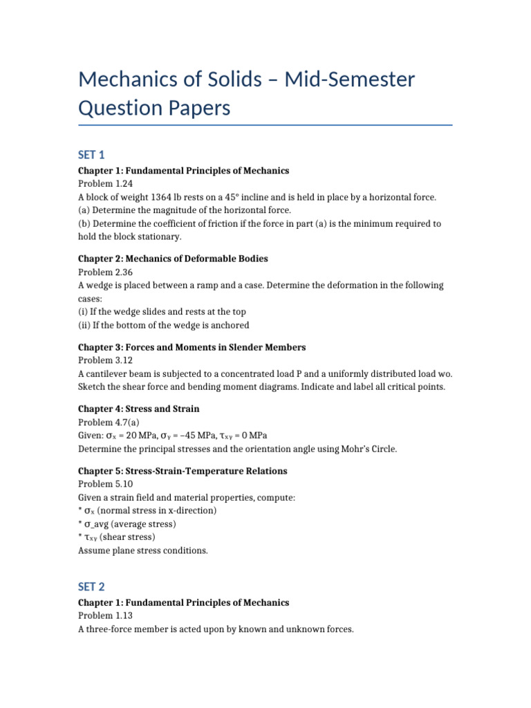 Mechanics of Solids Mid Sem Question Papers | PDF | Stress (Mechanics ...