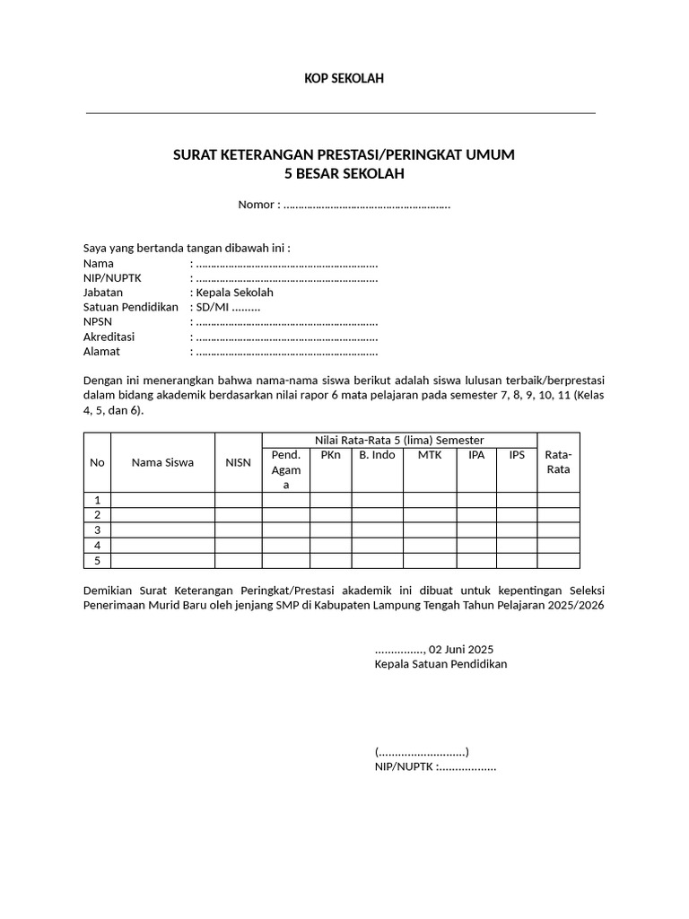 Surat Keterangan Prestasi Akademik | PDF