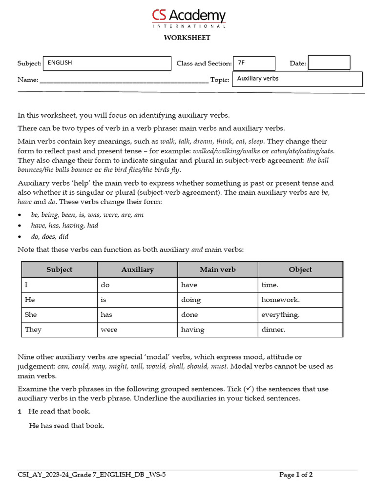 Auxiliary Verbs Ws 5 Pdf Verb Linguistic Morphology