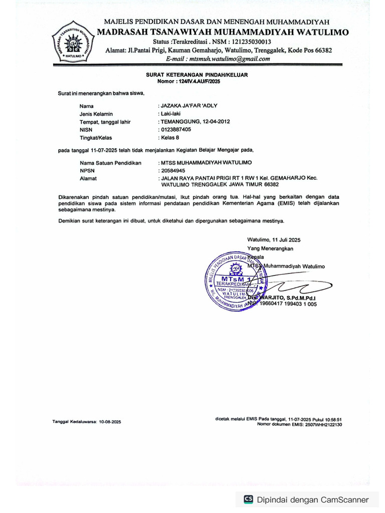 Surat Mutasi Keluar Jazaka 2025 | PDF