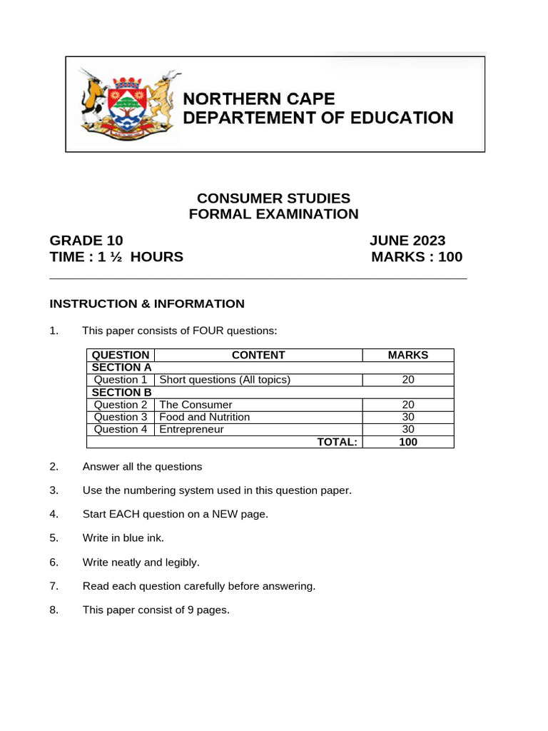 GR 10 June 2023 Consumer Studies | PDF | Entrepreneurship | Foods
