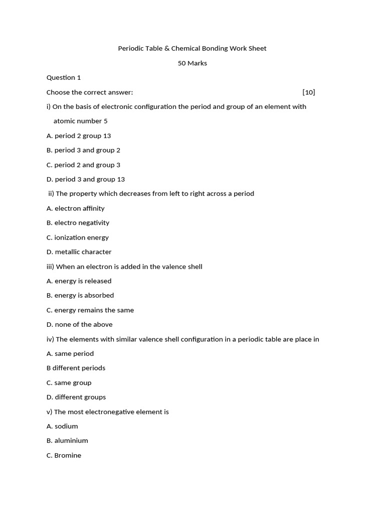 Periodic Table & Chemical Bonding Quiz | PDF | Chemical Compounds | Ion
