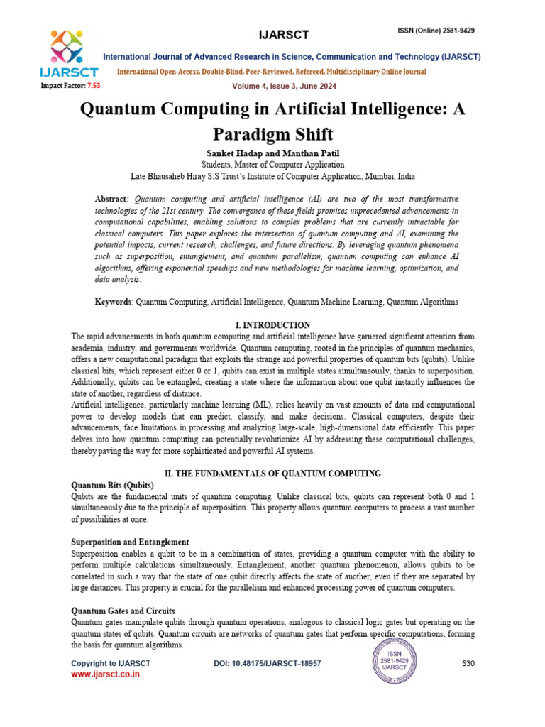 Quantum Computing in Artificial Intelligence: A Paradigm Shift Sanket ...