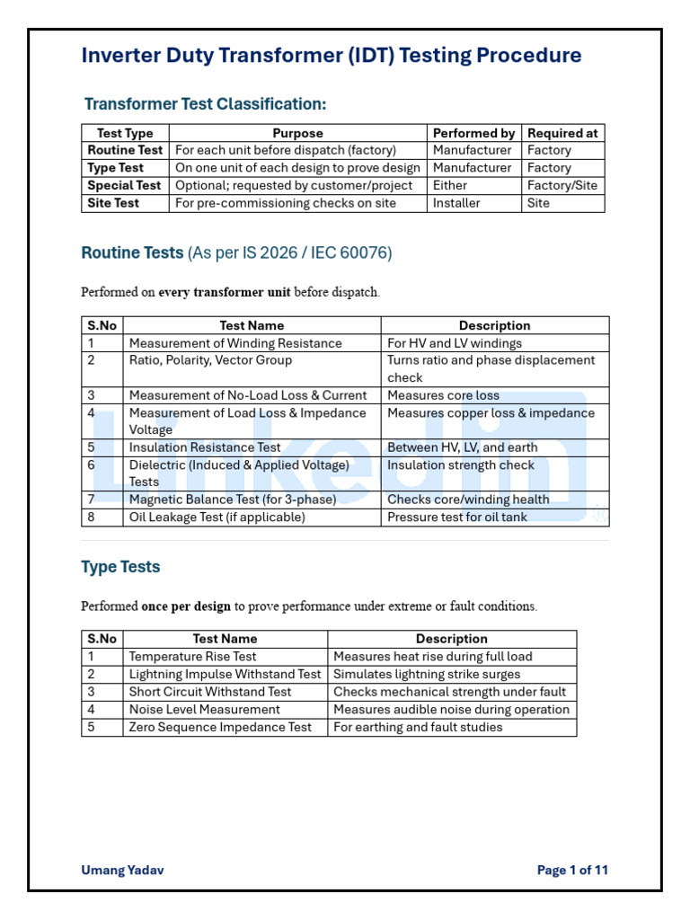 IDT Transformer Testing Procedures | PDF | Transformer | Insulator ...