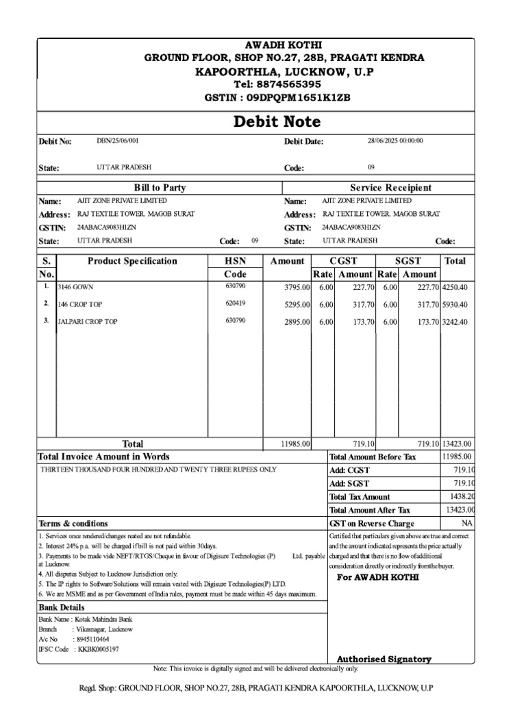 Generated Debit Note | PDF