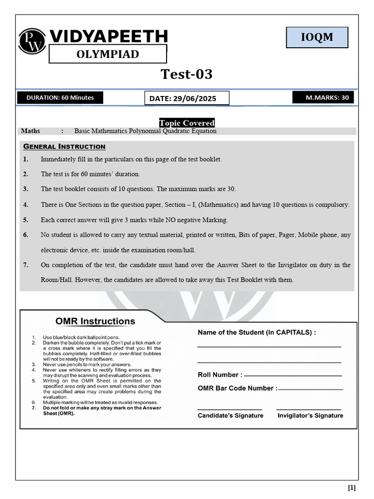Ioqm Test-3 Mathematics Mar Sir Question Paper | PDF | Mathematical ...