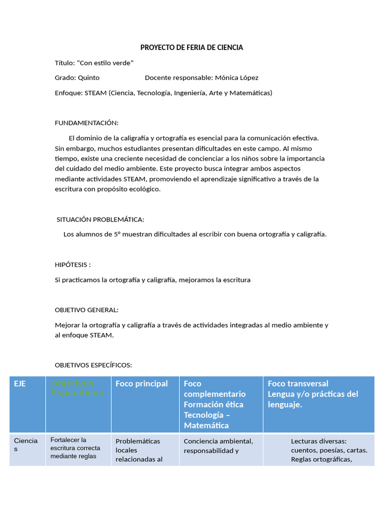 Proyecto de Feria de Ciencia Con Enfoque Steam | PDF | Caligrafía ...
