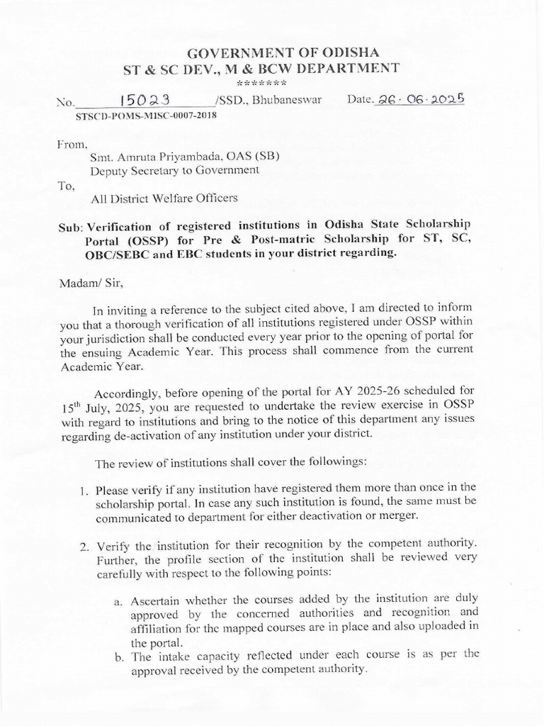 Letter To All DWOs Reg Verification of Registered Institution in OSSP ...