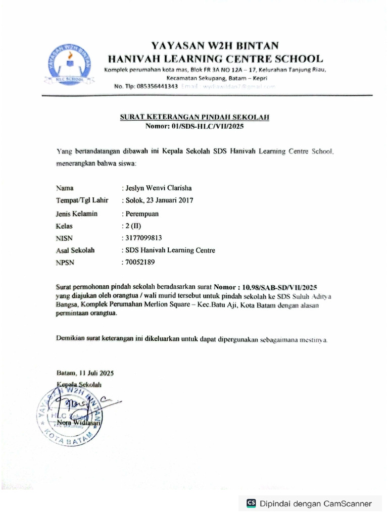 Surat Pindah Jeslyn | PDF