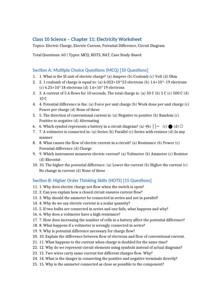 Class10 Electricity Worksheet | PDF | Electric Current | Voltage