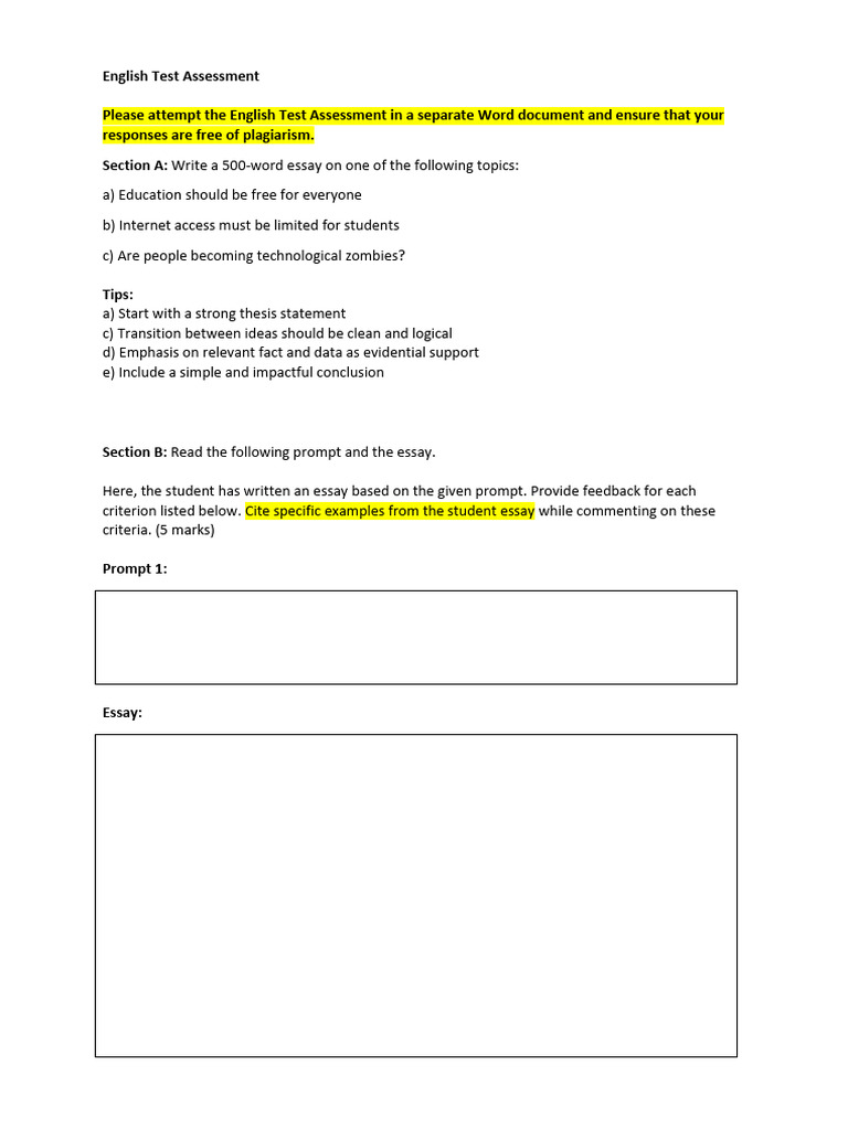 English Test Assessment Guidelines | PDF | Essays | Skill