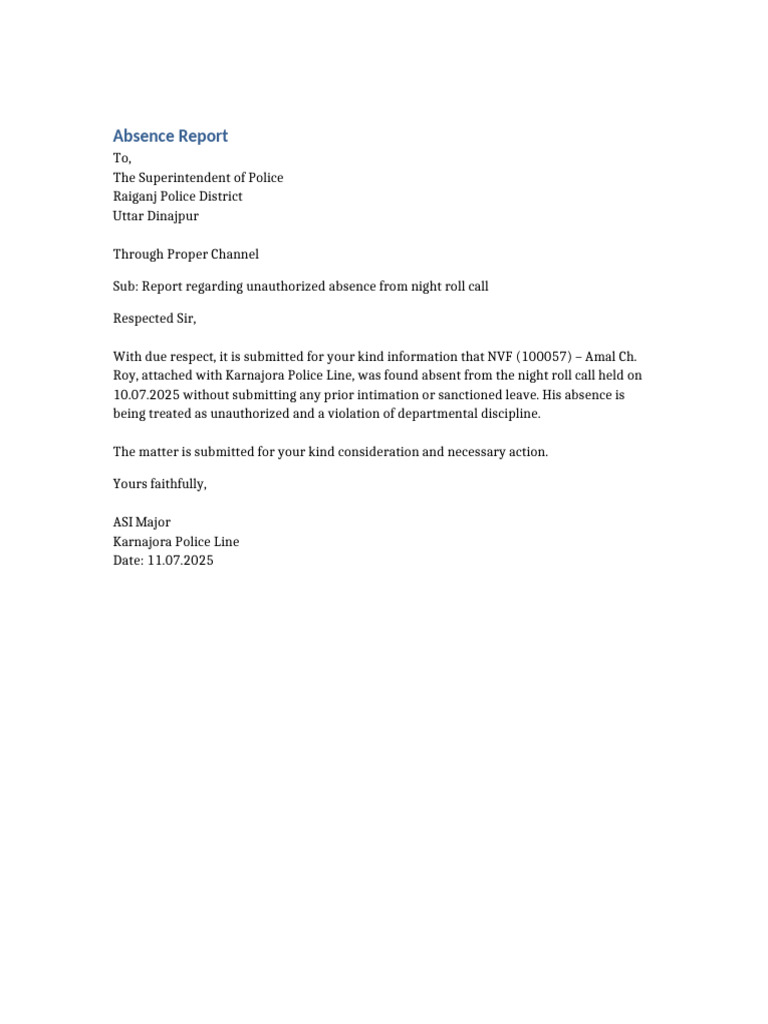 Unauthorized Absence Report for NVF | PDF